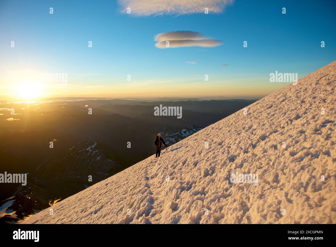 Mountain climber ascending on Emmons-Winthrop climbing route on Mount ...