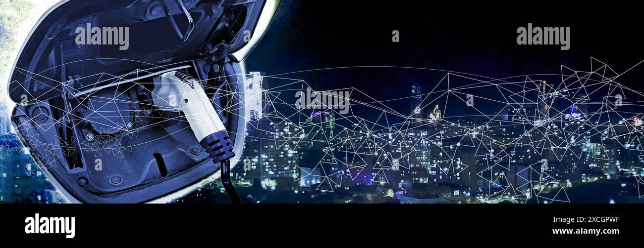 Panoramic night city background with electric car charging. Green ...