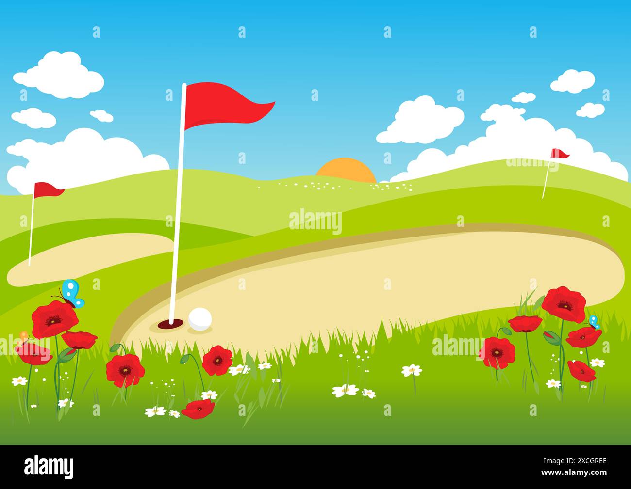 Golf course in a summer landscape background with poppy flowers ...