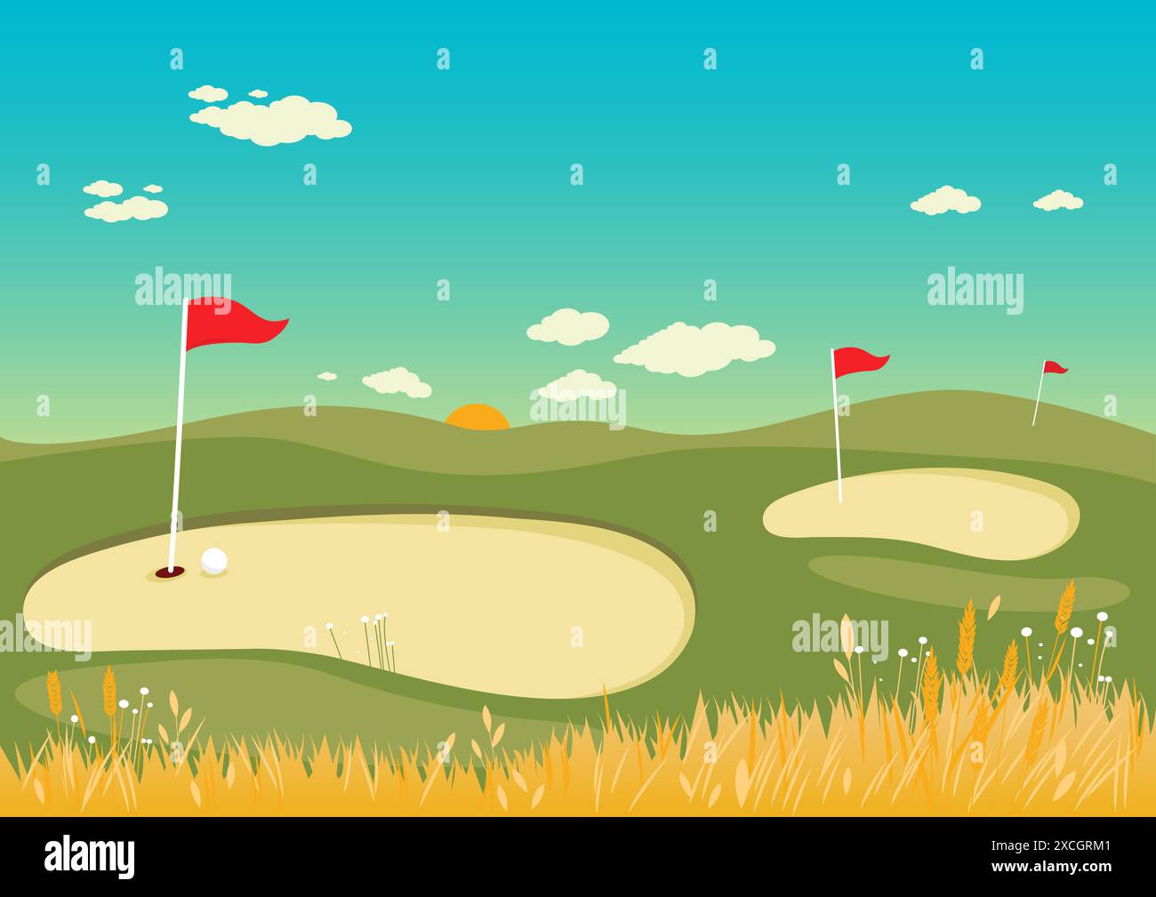 Golf course in a summer landscape background with wheat field ...