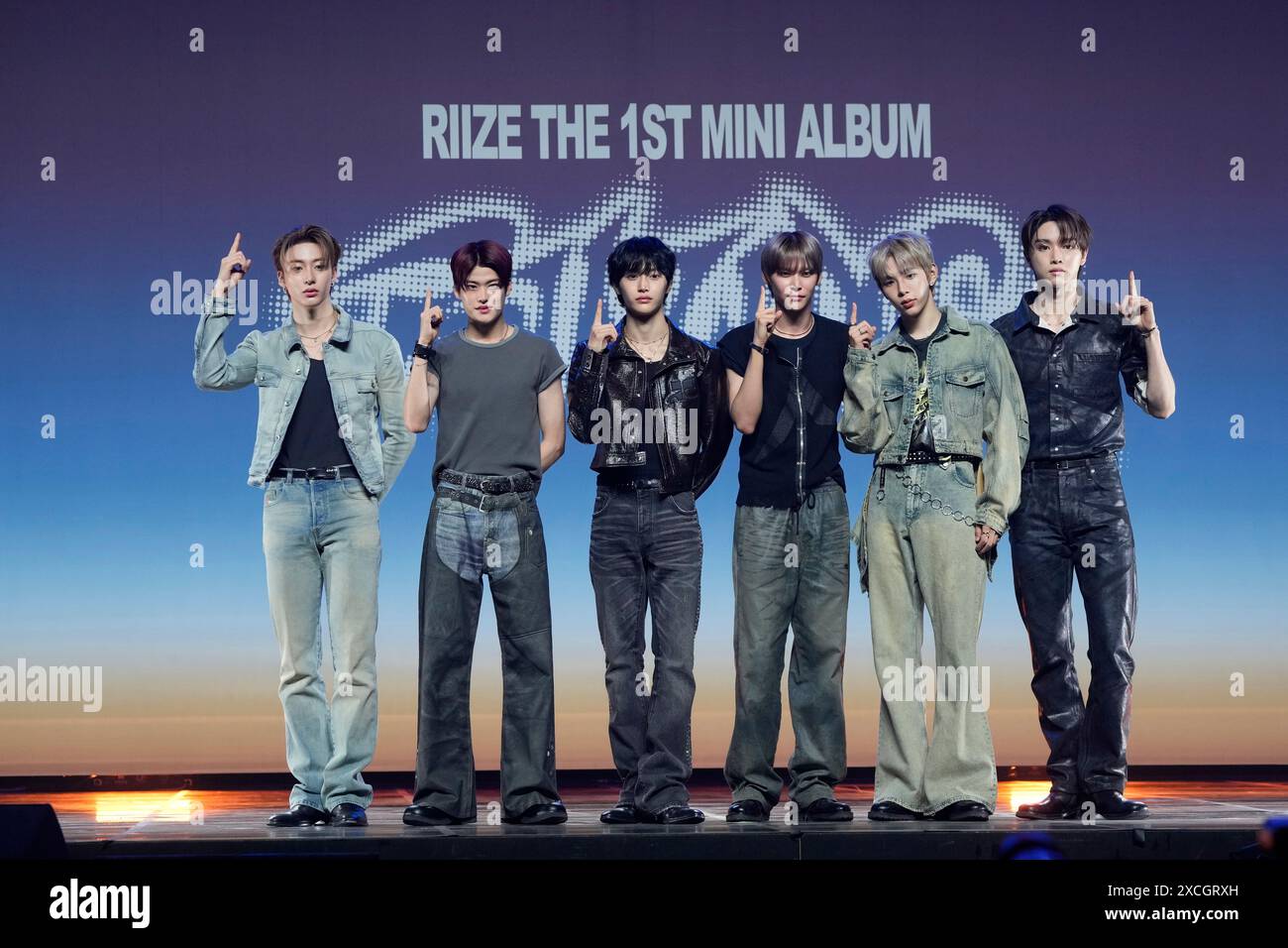 K-Pop group RIIZE poses for photos during a showcase for its first mini album, "RIIZING," at a ...