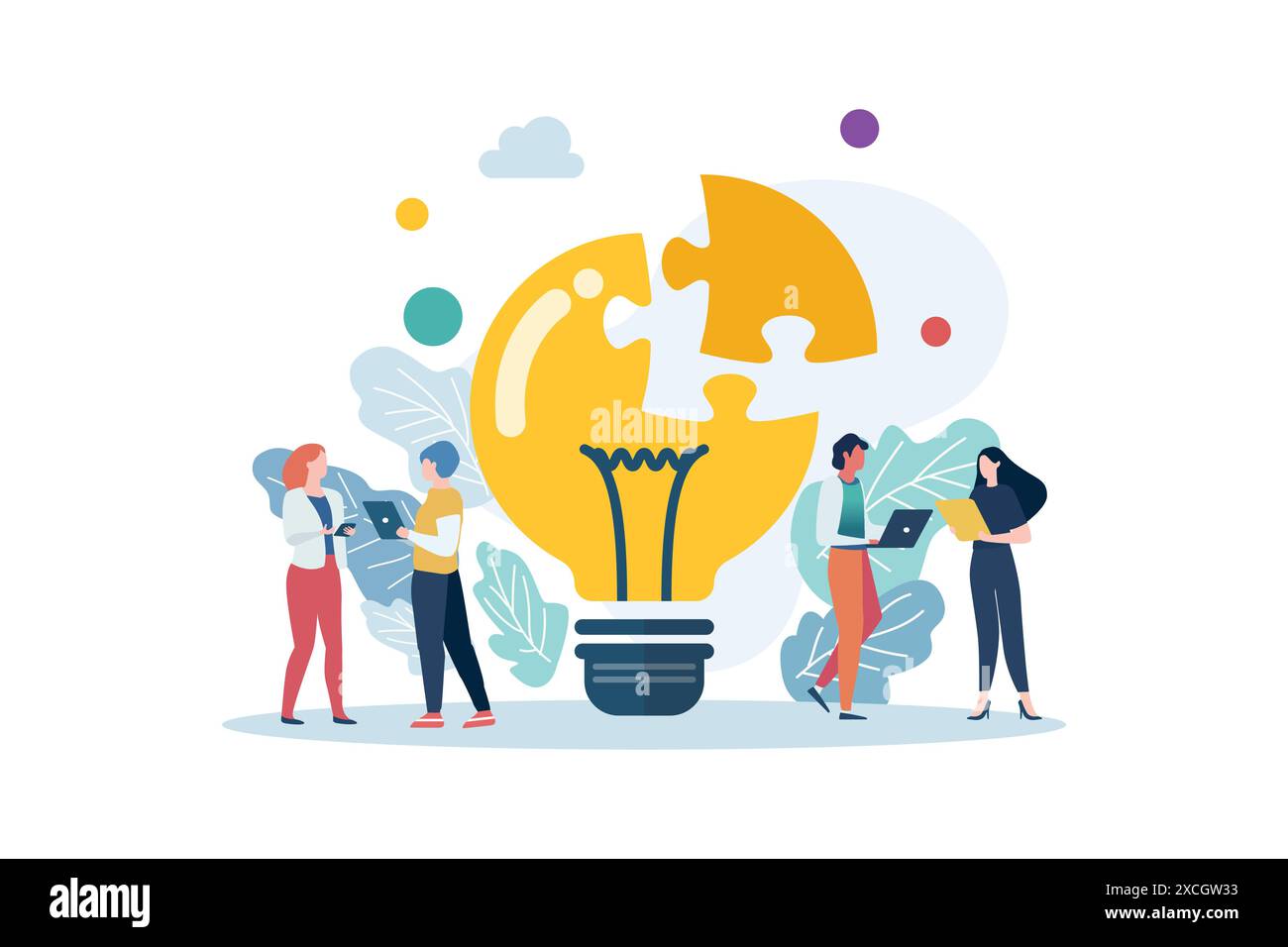 People with big lightbulb jigsaw puzzle. Creative idea concept. Vector illustration Stock Vector ...