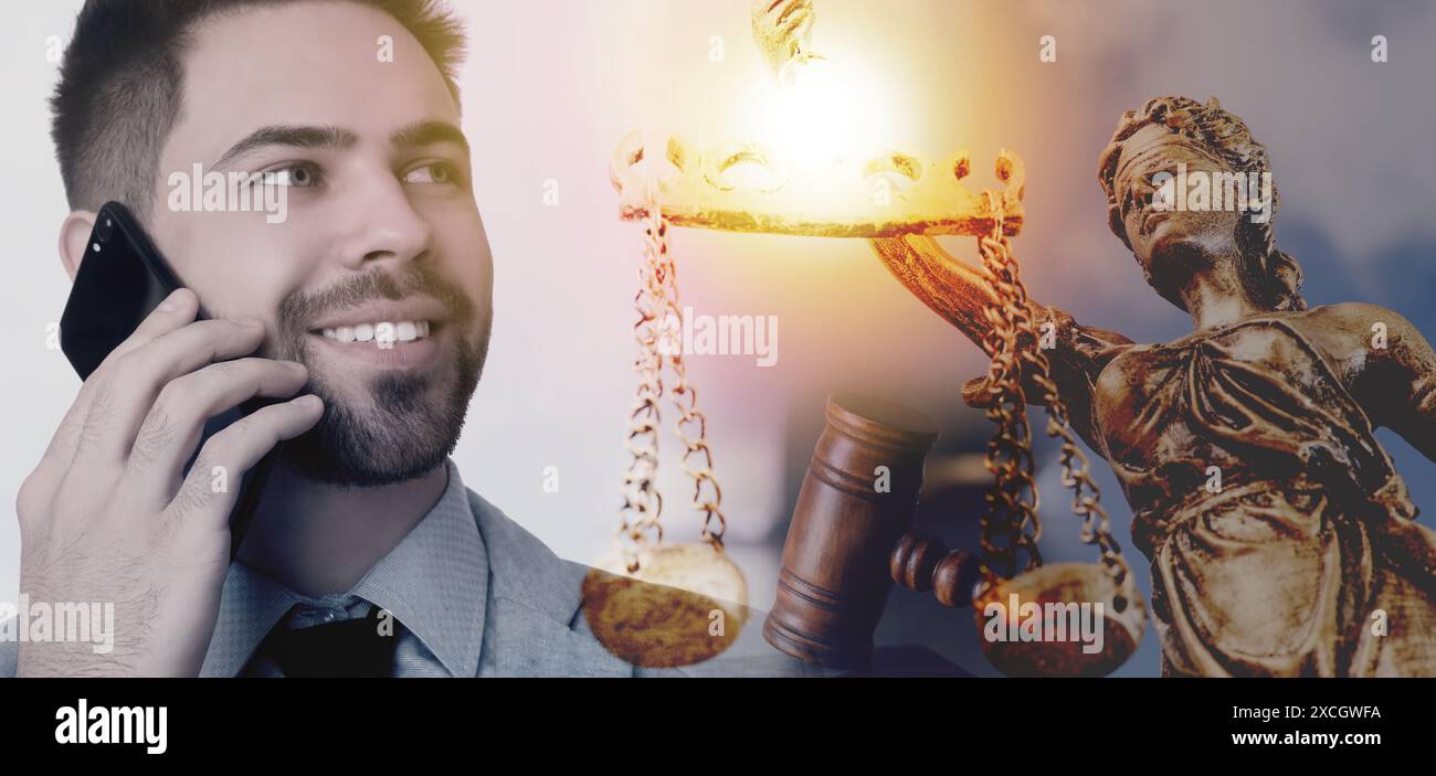 Multiple exposure of lawyer, Lady Justice figure and gavel. Banner ...
