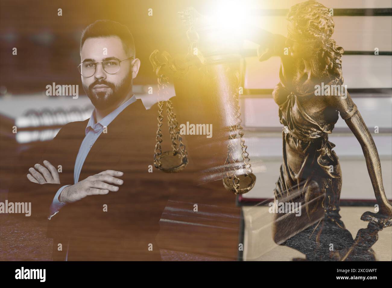 Multiple exposure of lawyer, Lady Justice figure and gavel Stock Photo ...
