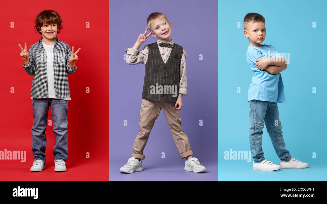 Adorable children on different color backgrounds. Collage of photos ...