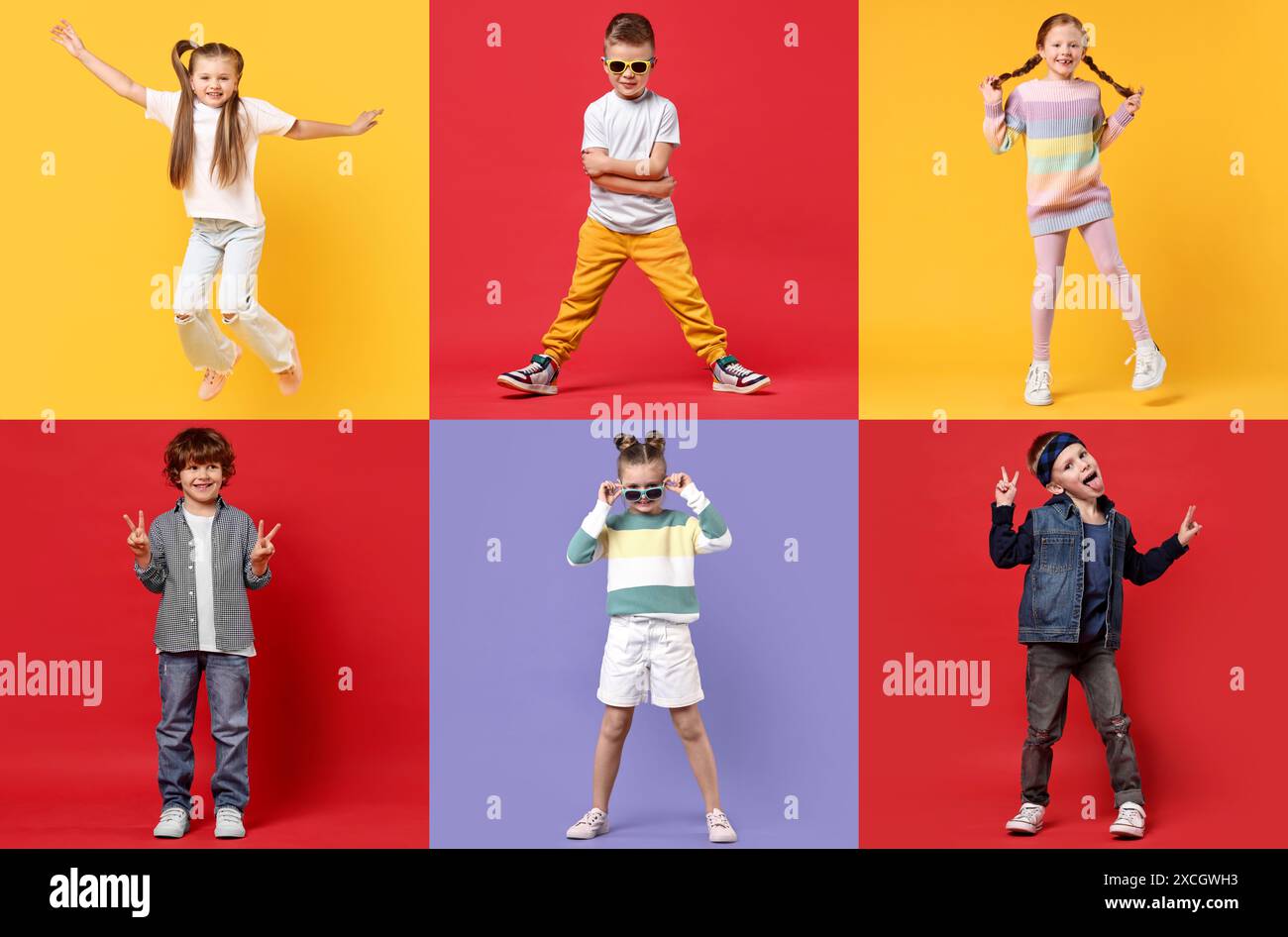 Adorable children on different color backgrounds. Collage of photos ...