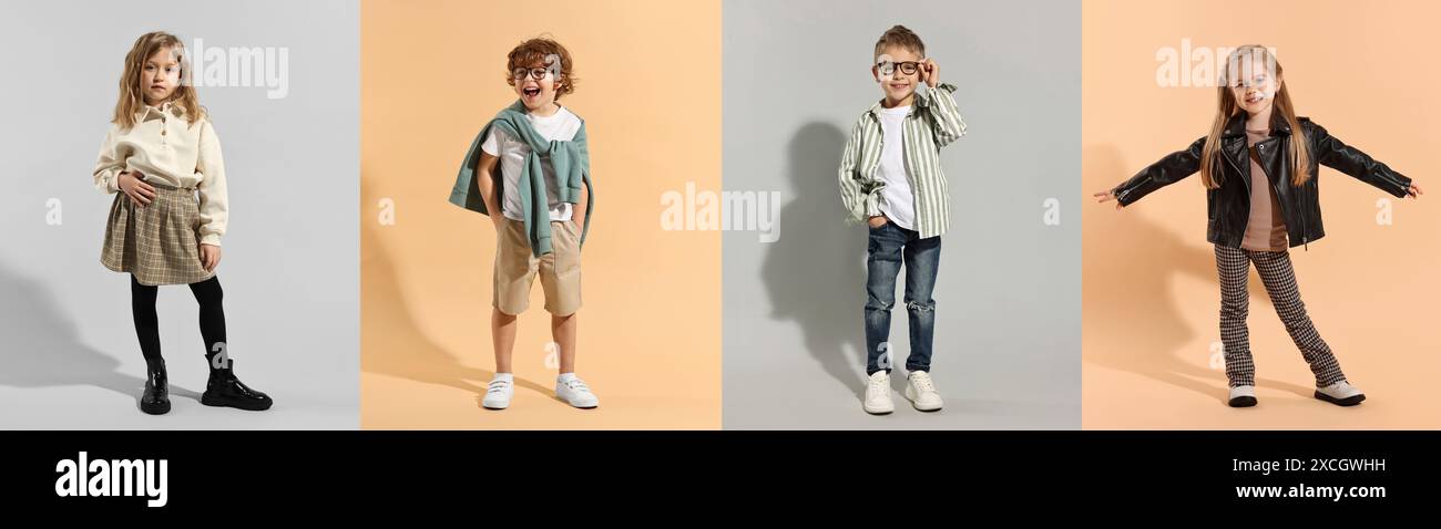 Adorable children on different color backgrounds. Collage of photos ...