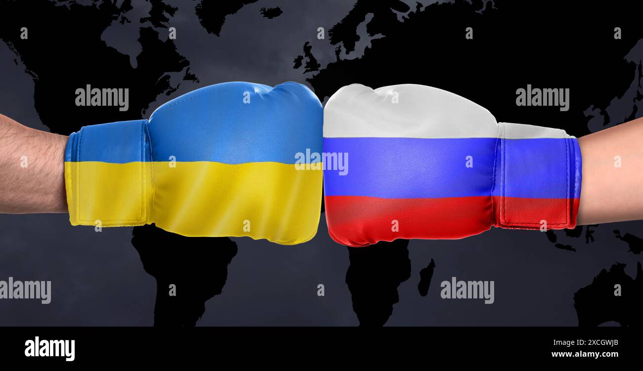 Political conflict, banner design. Men in boxing gloves with flags of ...