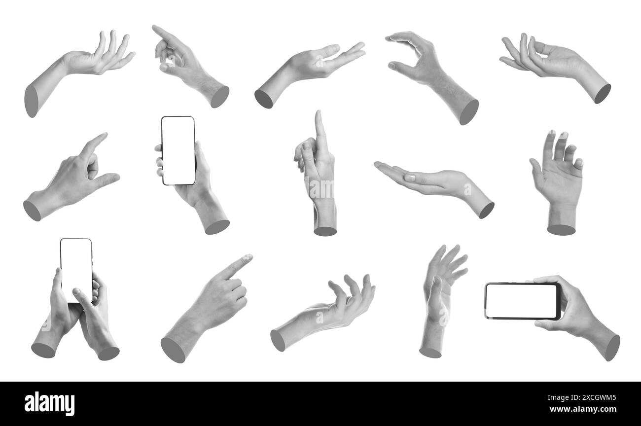 Set of different hand gestures isolated on white. Black and white ...