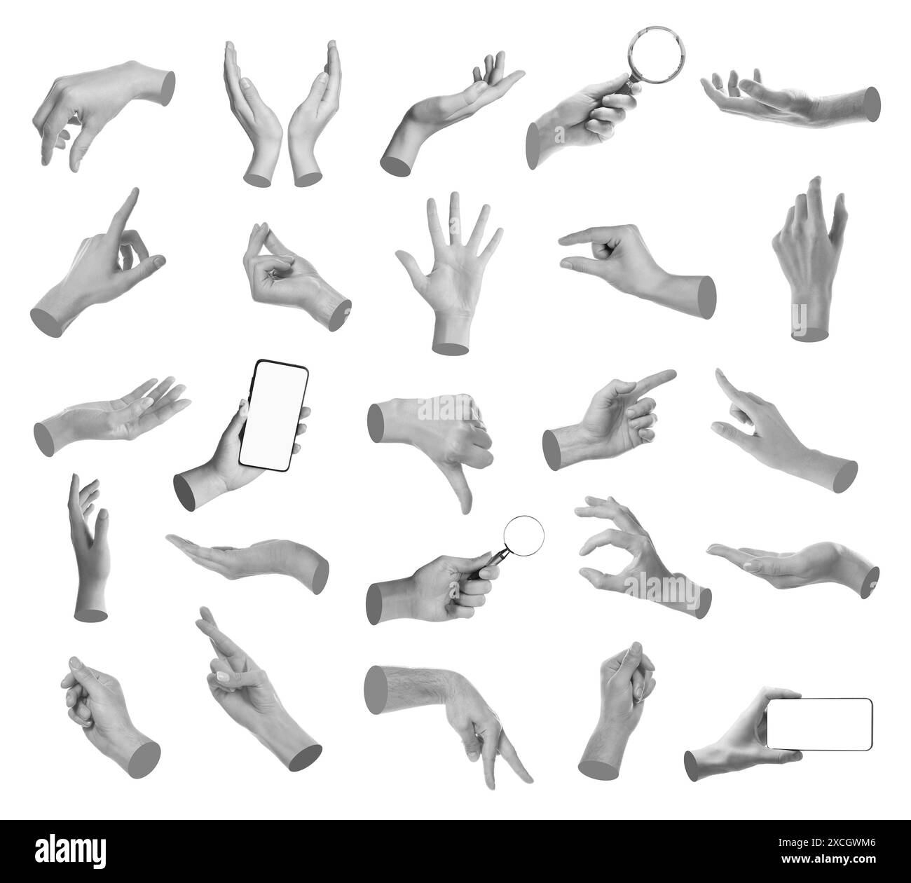 Set of different hand gestures isolated on white, black and white Stock ...