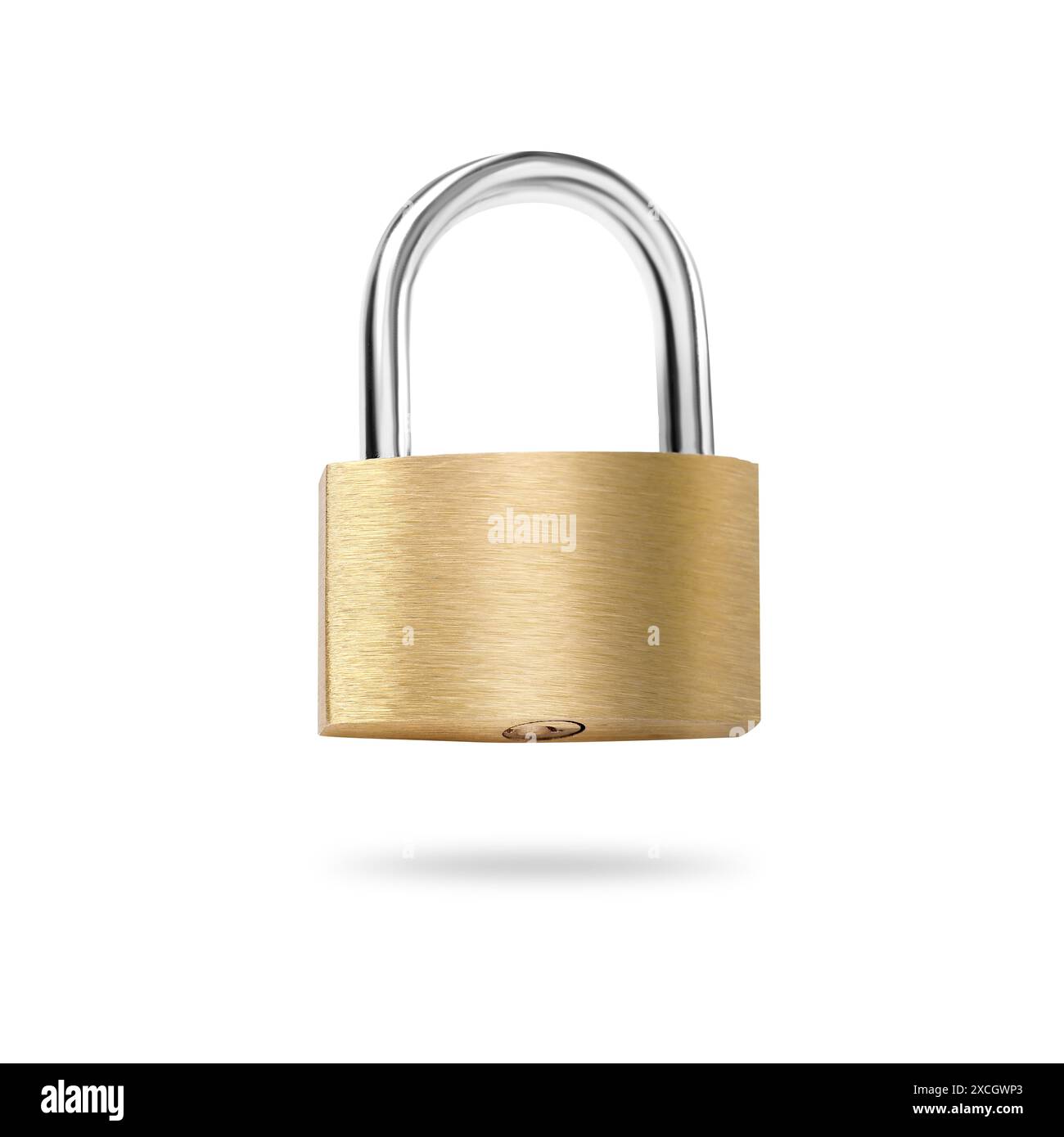 Shiny golden padlock in air on white background Stock Photo - Alamy