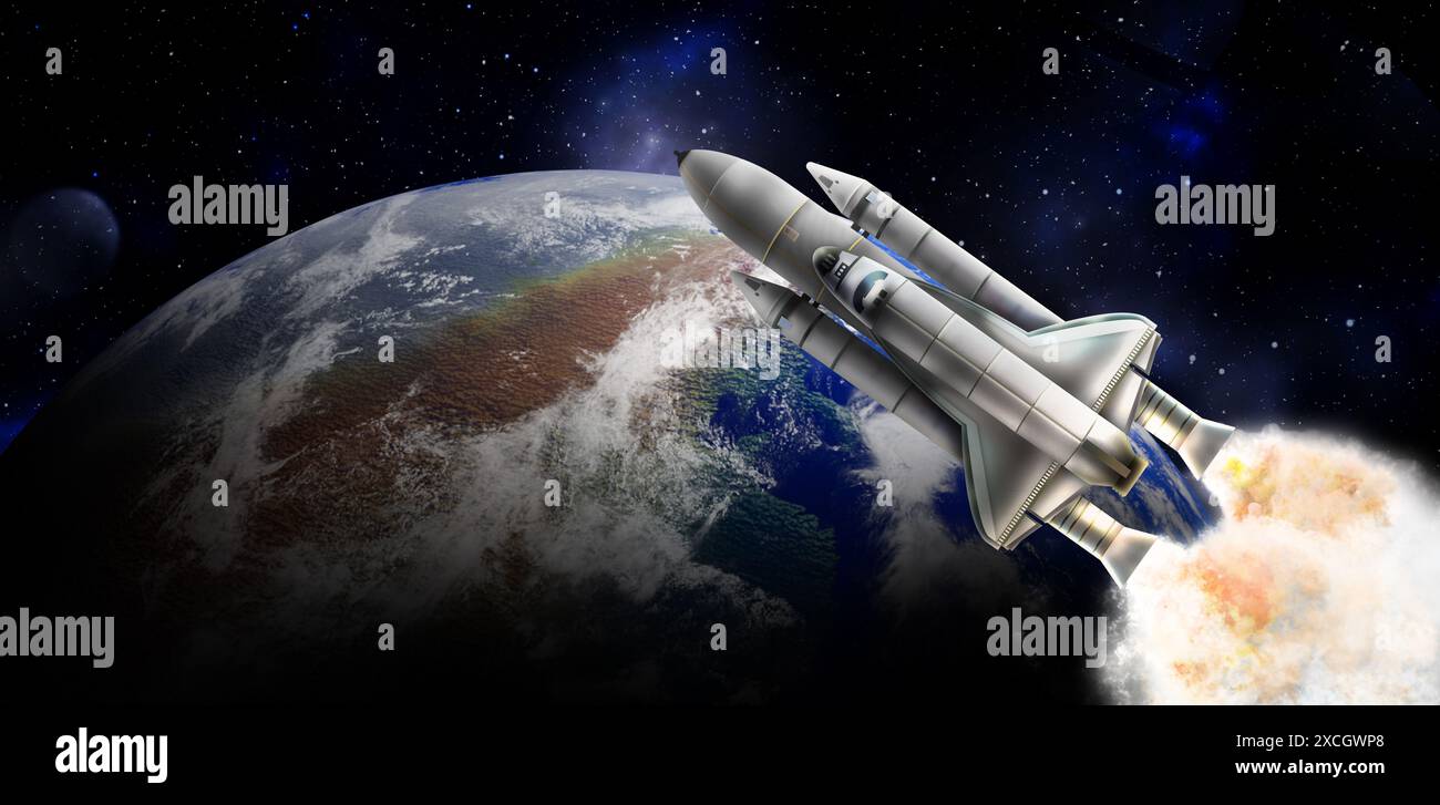 Rocket in space on orbit of planet, banner design Stock Photo - Alamy