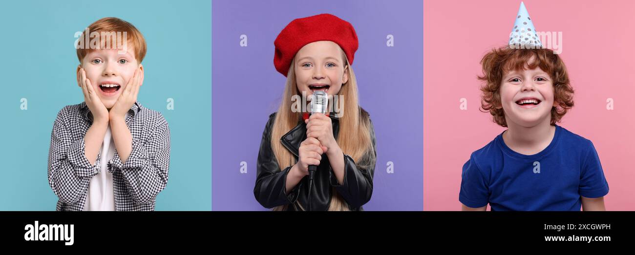 Adorable children on different color backgrounds. Collage of photos ...