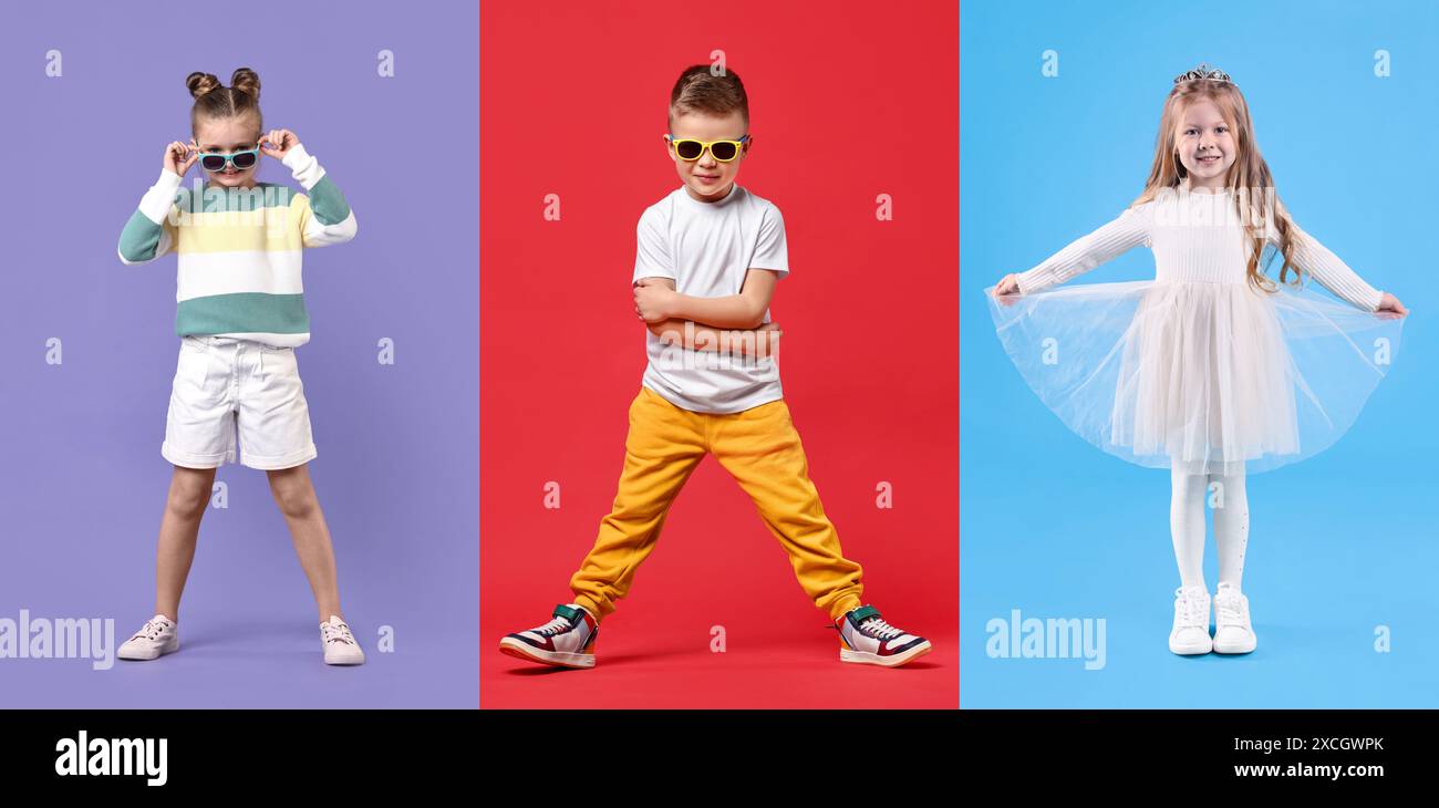 Adorable children on different color backgrounds. Collage of photos ...