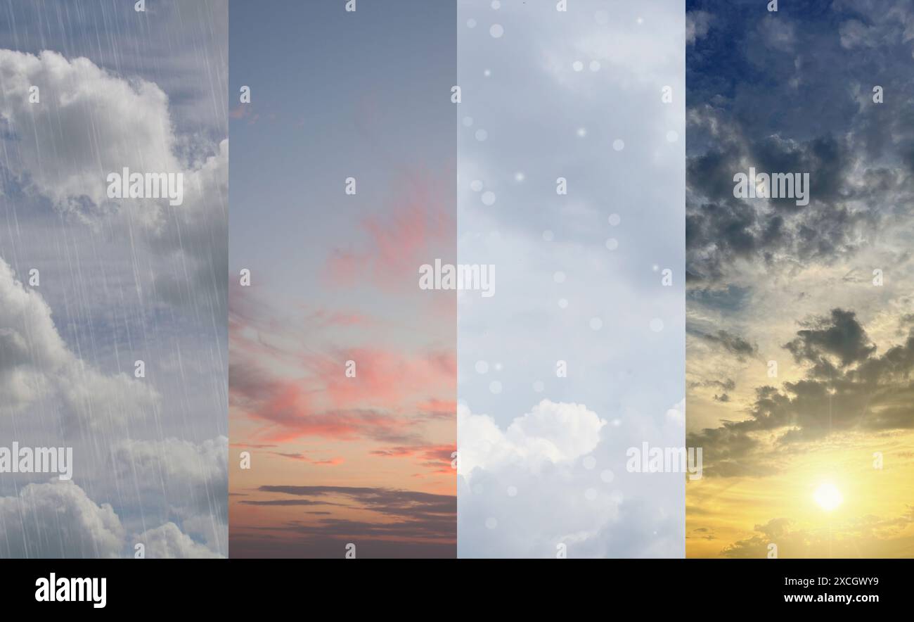 Different weather conditions due to season changing. Collage with ...