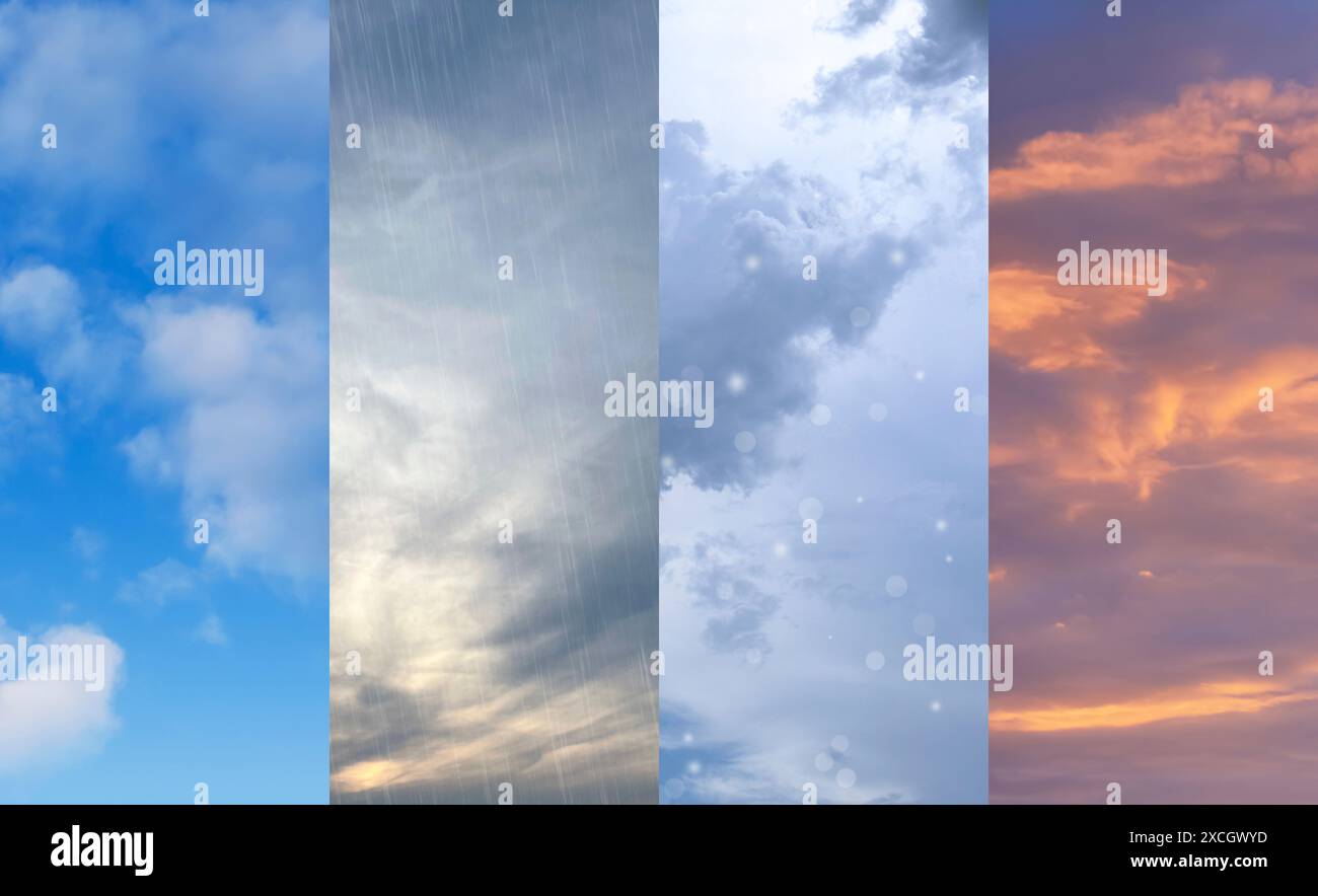 Different weather conditions due to season changing. Collage with ...