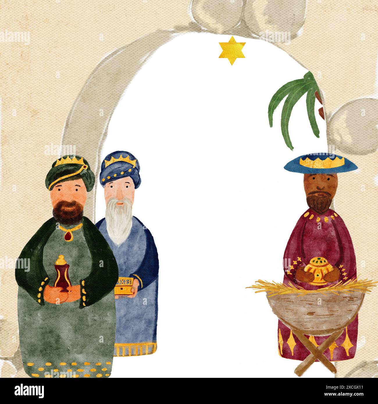 Wise men manger Christmas card hand painted digital watercolor. High ...