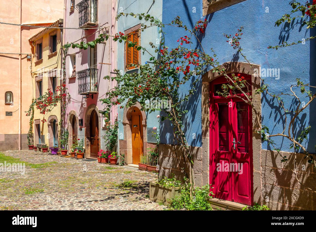 Colorful houses with flowers pots and bouguinvillea in a picturesque ...