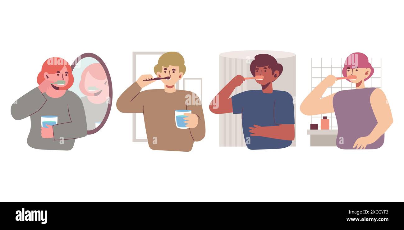 Cute cartoon modern characters brushing teeth set isolated vector ...