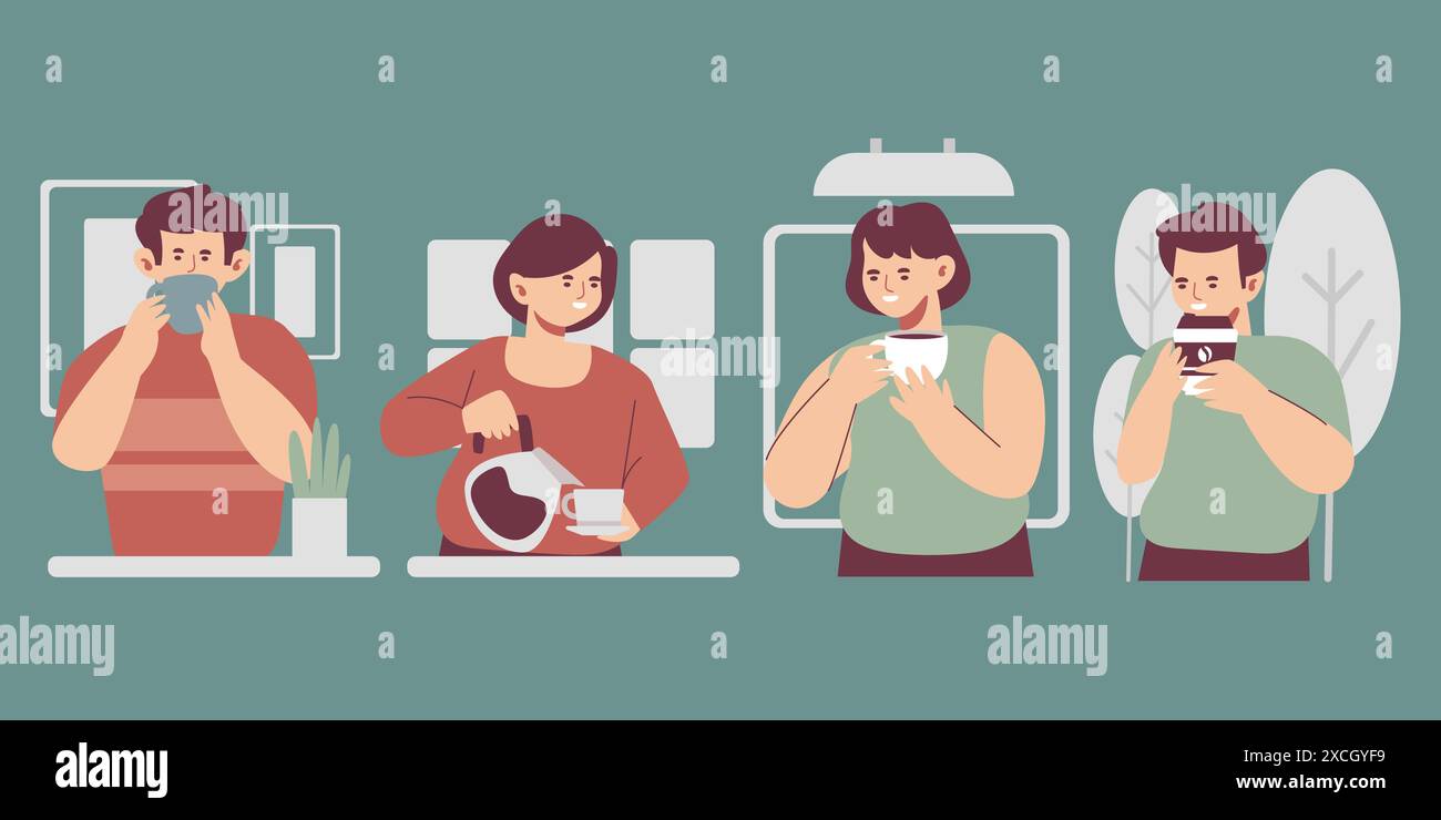 Happy drinking beverage cartoon character set in modern style vector ...