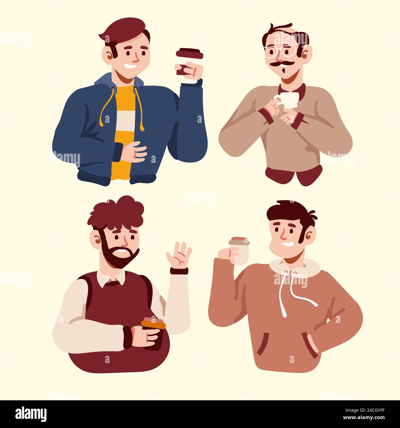 Happy drinking coffee cartoon character set in modern style vector ...