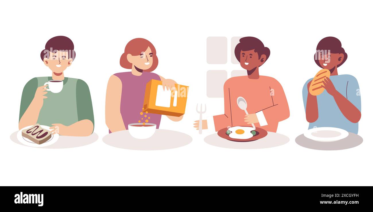 Cute cartoon modern characters eating set isolated vector illustration ...