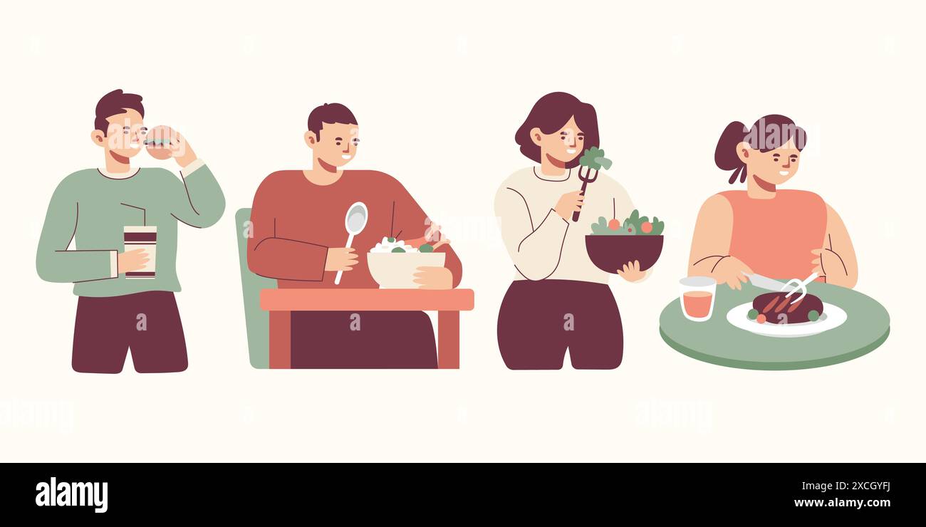 Happy eating cartoon character set in modern style vector illustration ...