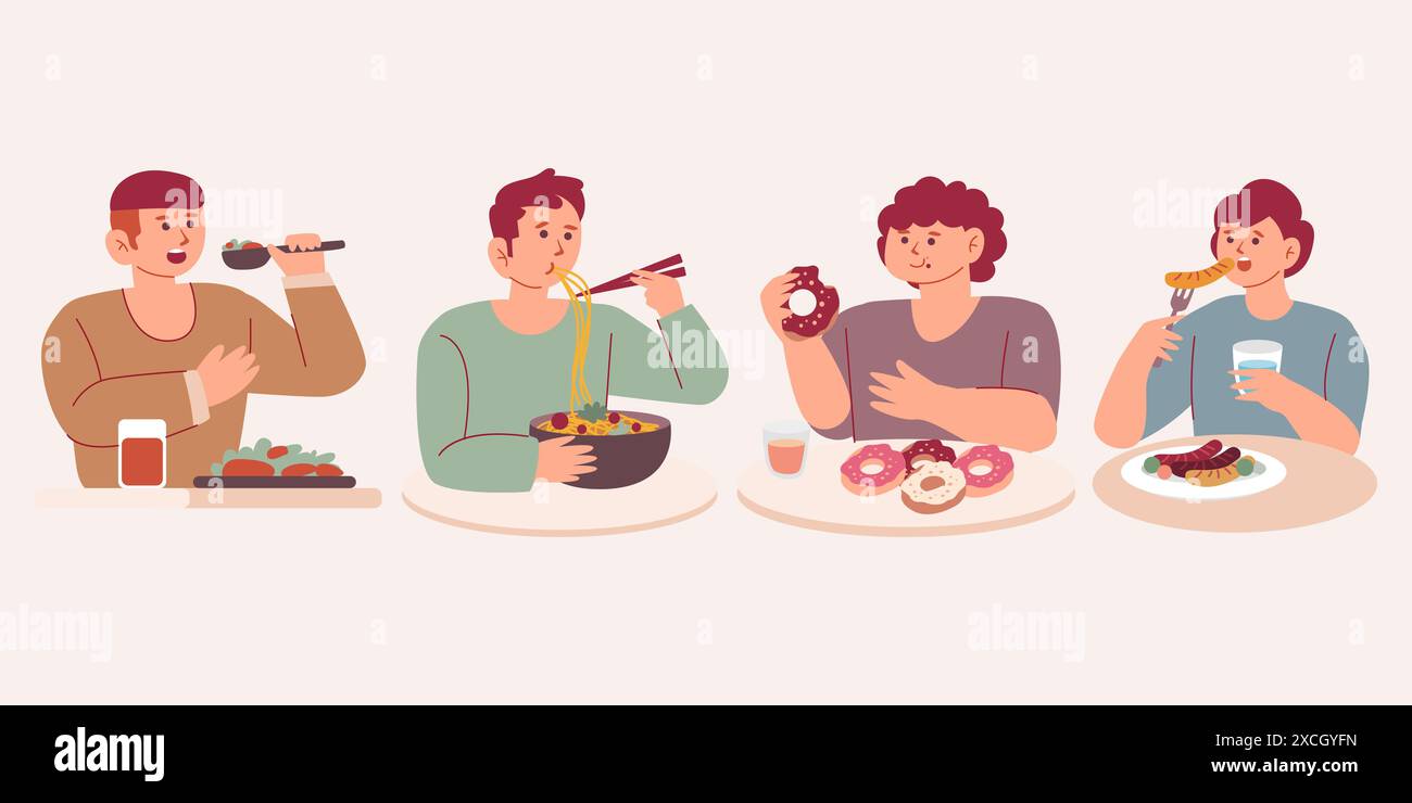 Enjoy eating cartoon character set in modern style vector illustration ...