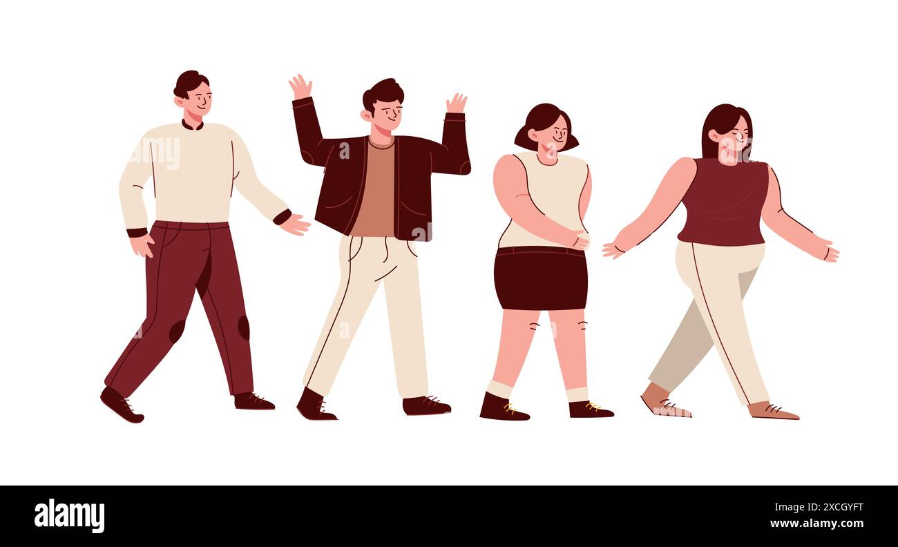 Cute cartoon modern characters walking set isolated vector illustration ...