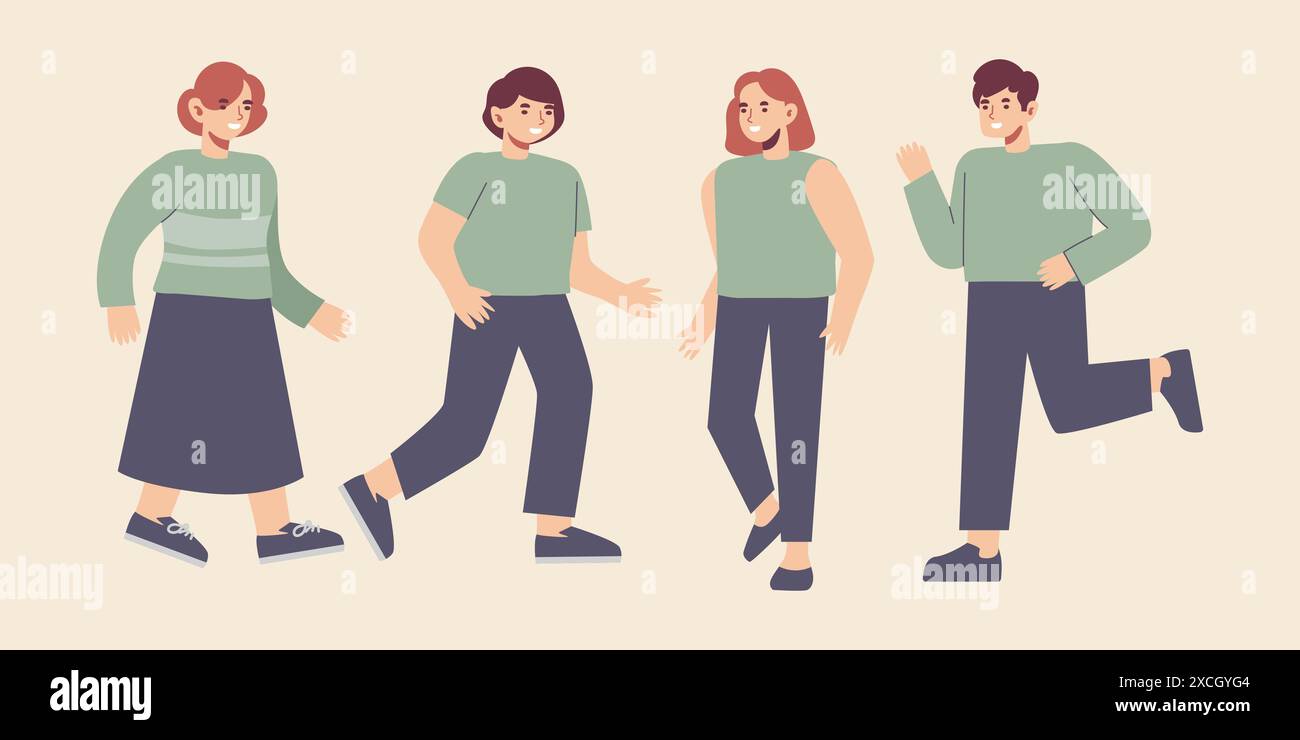 Cute cartoon modern characters walking set isolated vector illustration ...