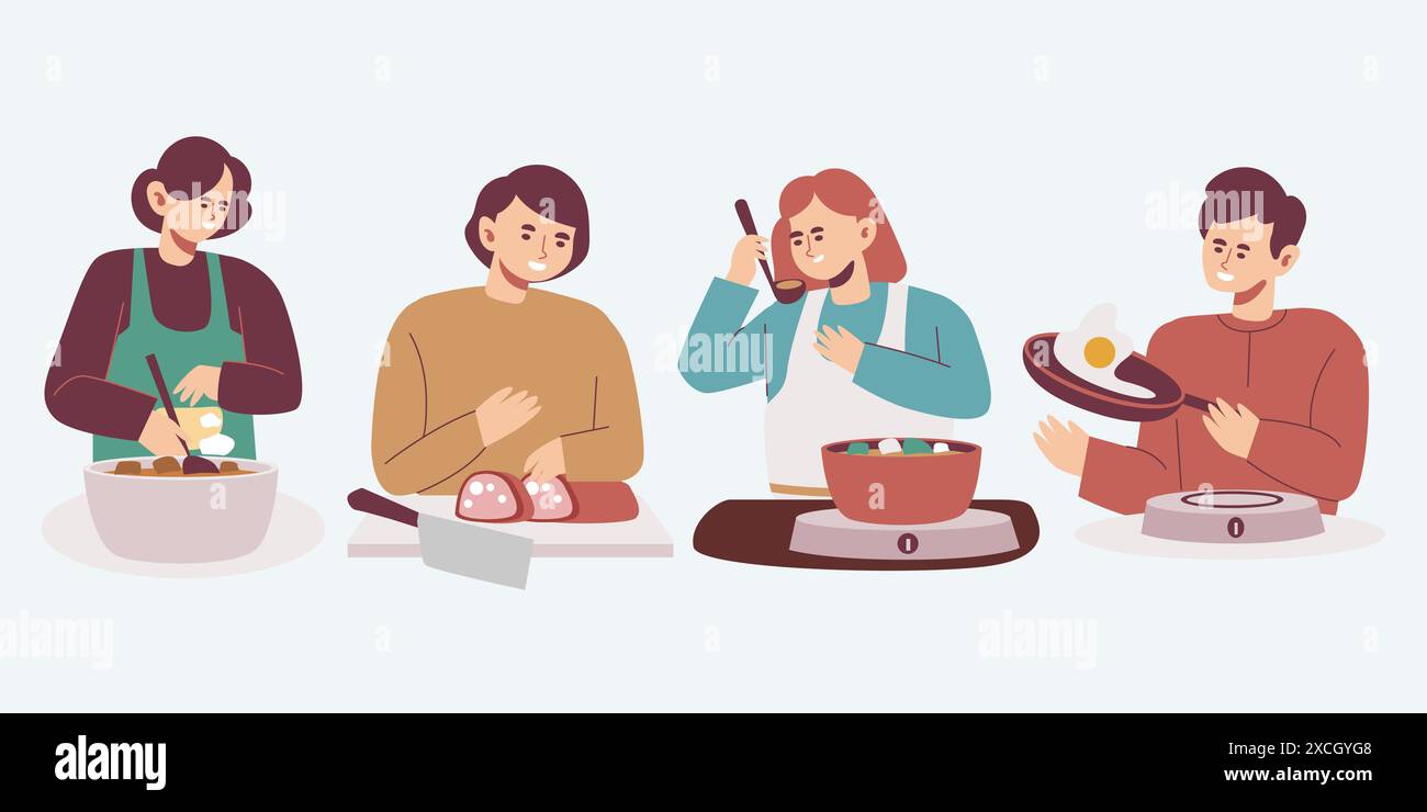 Cute modern characters cooking set isolated vector illustration Stock ...