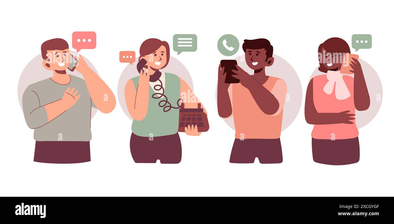 Cute cartoon modern characters communication set isolated vector ...