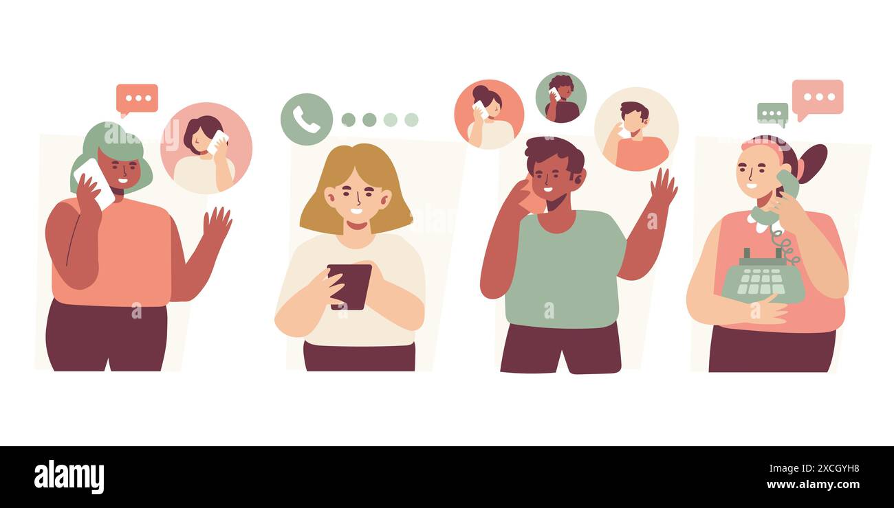 Cute cartoon modern characters calling set isolated vector illustration ...