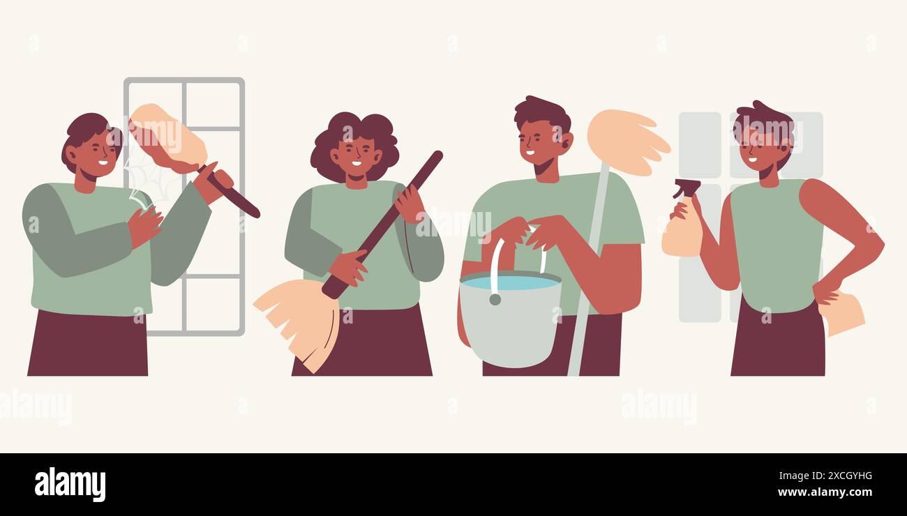 Cute modern characters cleaning set isolated vector illustration Stock ...