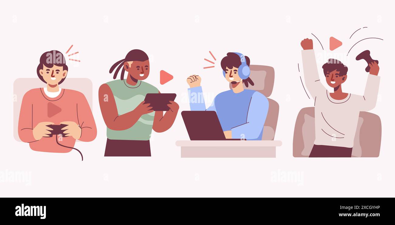 Enjoy gaming modern characters set isolated vector illustration Stock ...