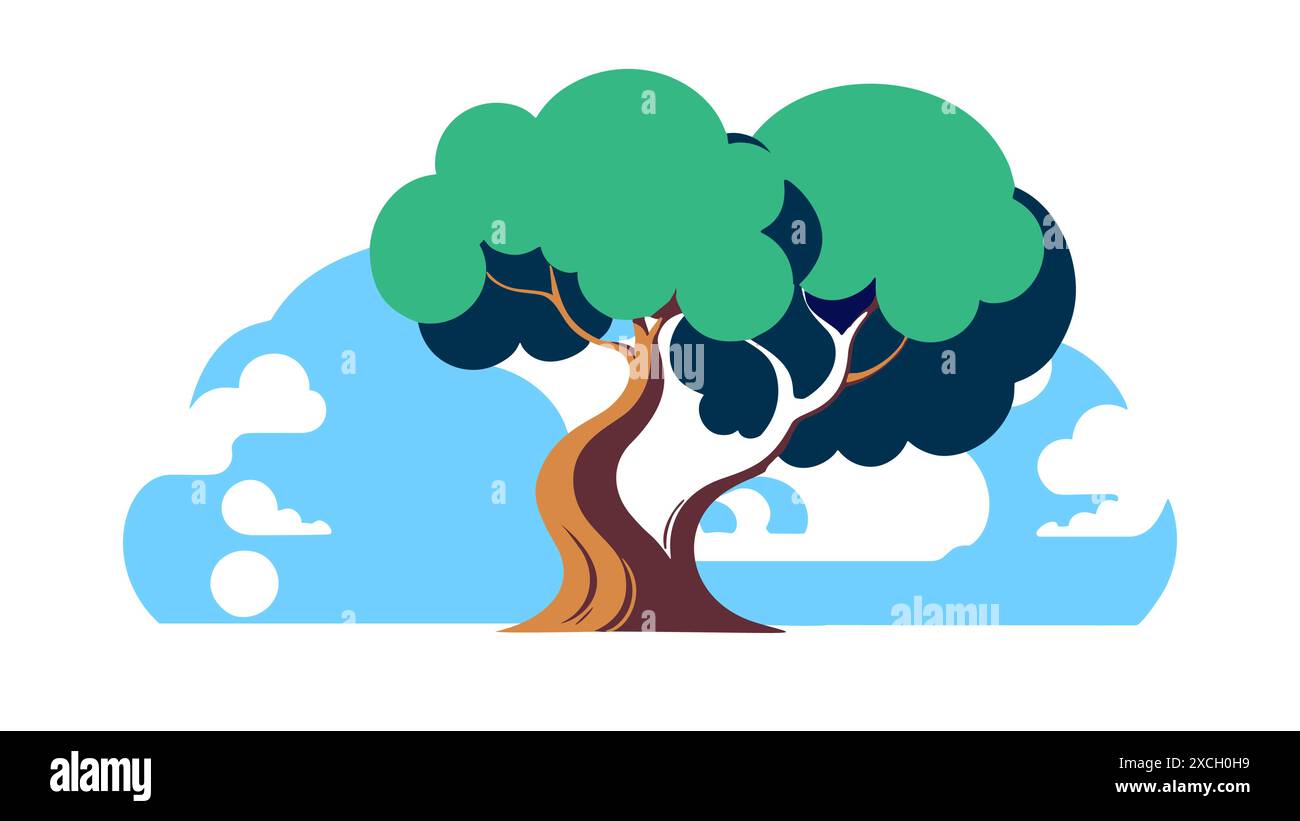 Tree with a sky background and clouds, smooth and clean vector curves ...