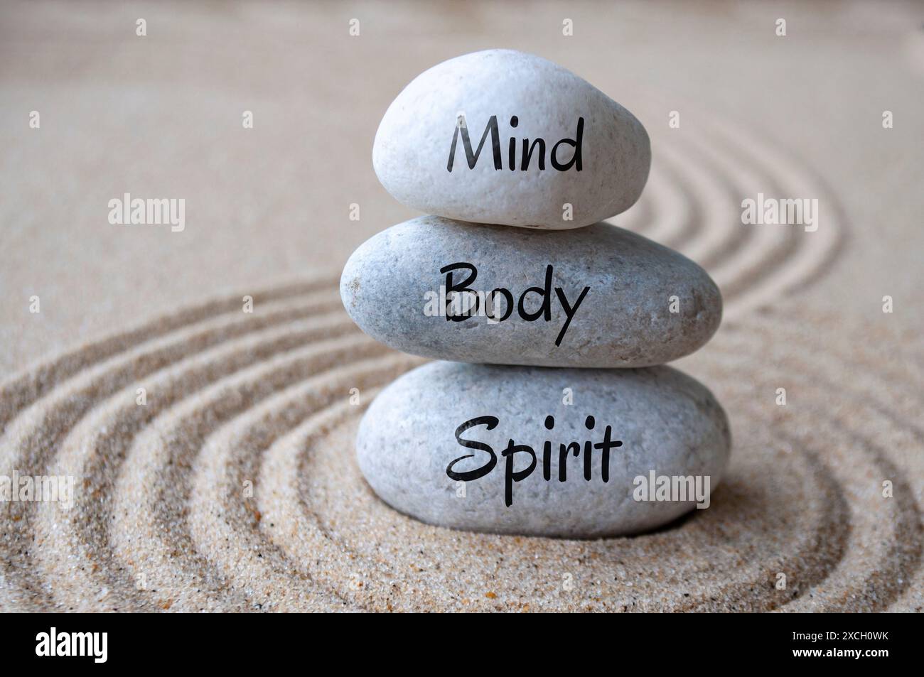 Mind, body and soul text on zen stones with sand background Stock Photo ...