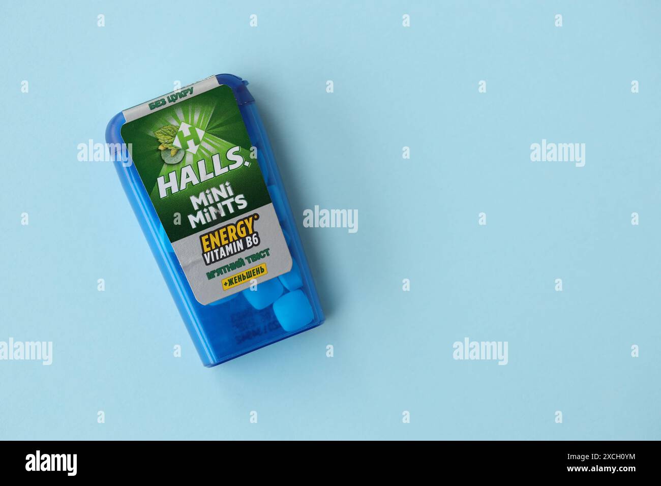 KYIV, UKRAINE - APRIL 20, 2024 Halls mini mints mint twist energy ...