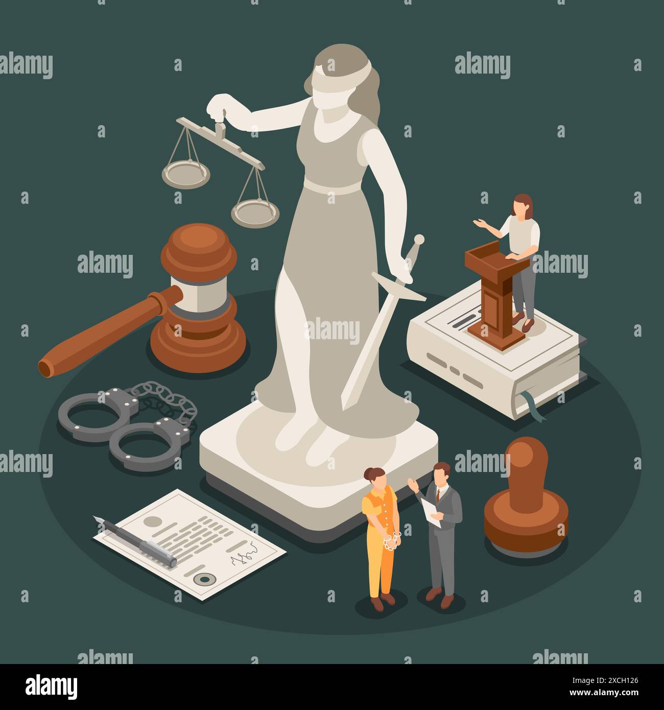 Law justice isometric concept. Judicial system, accused witness and lawyer or prosecutor. Themis ...