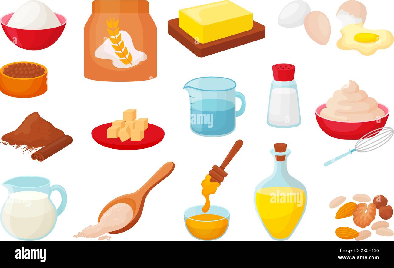 Cartoon baking ingredients. Flour pack, sugar in bowl, eggs and milk in ...