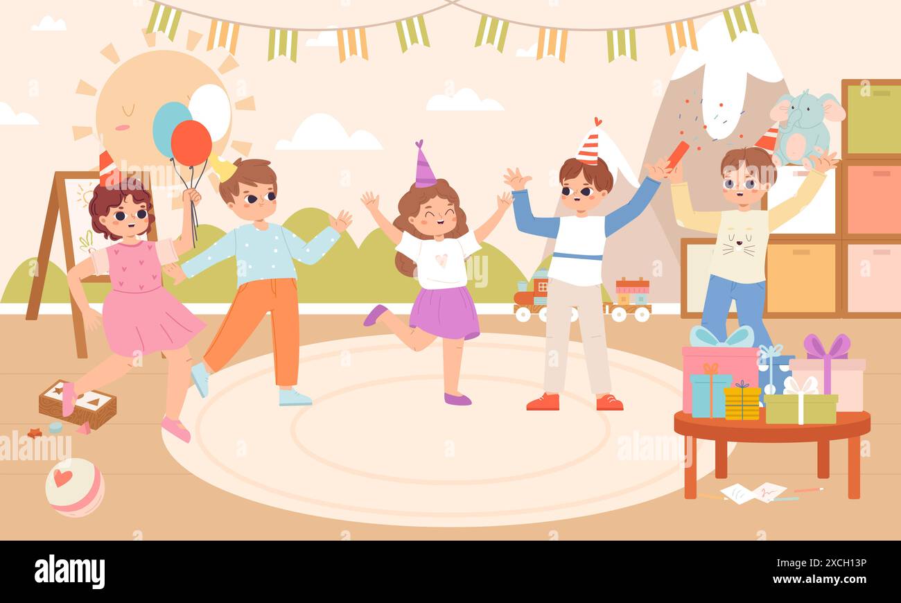 Celebrating birthday in kindergarten. Happy children in playroom with ...