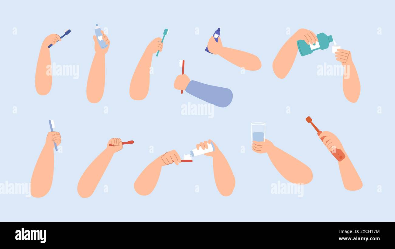 Dental and oral hygiene. Teeth brushes, pasta tubes in human hands ...