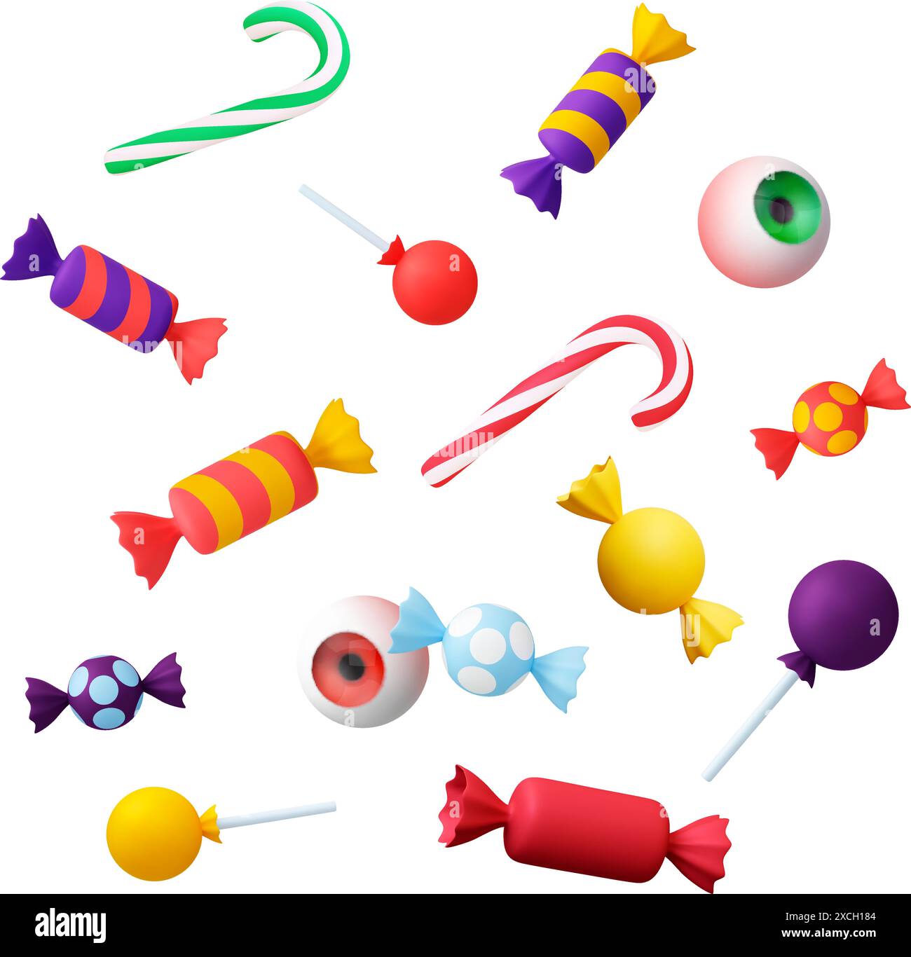 Candies 3d icons. Lollipops and chocolate candy, chewing gum or ...