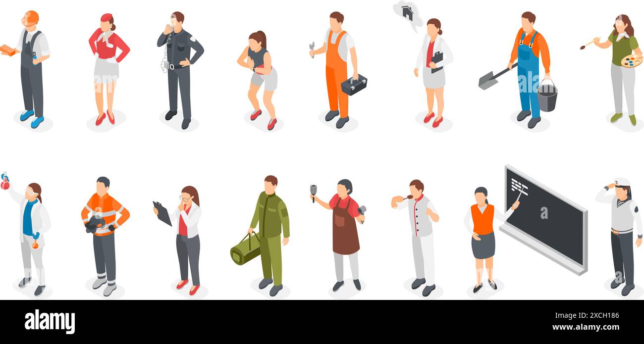 Isometric different professionals. People wear uniform, workers in various professions. Teacher ...