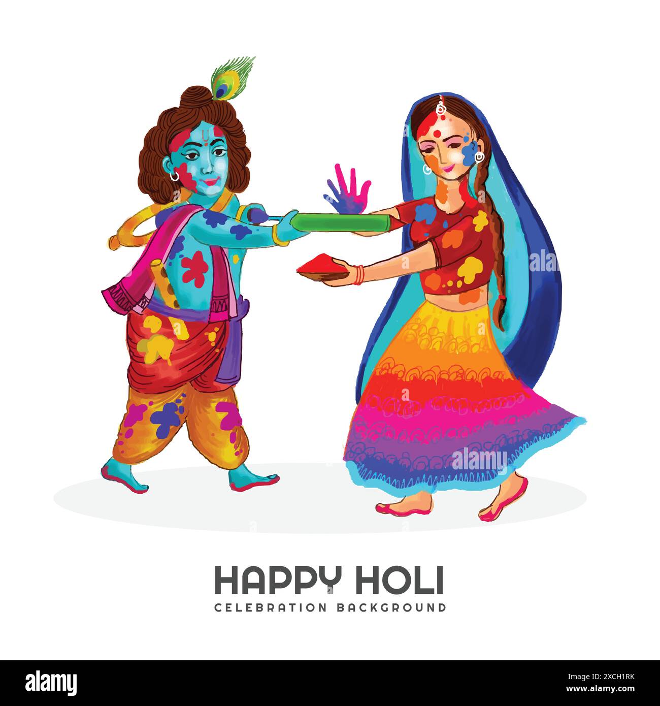 Holi greetings with joyful krishna and radha playing with colors design ...