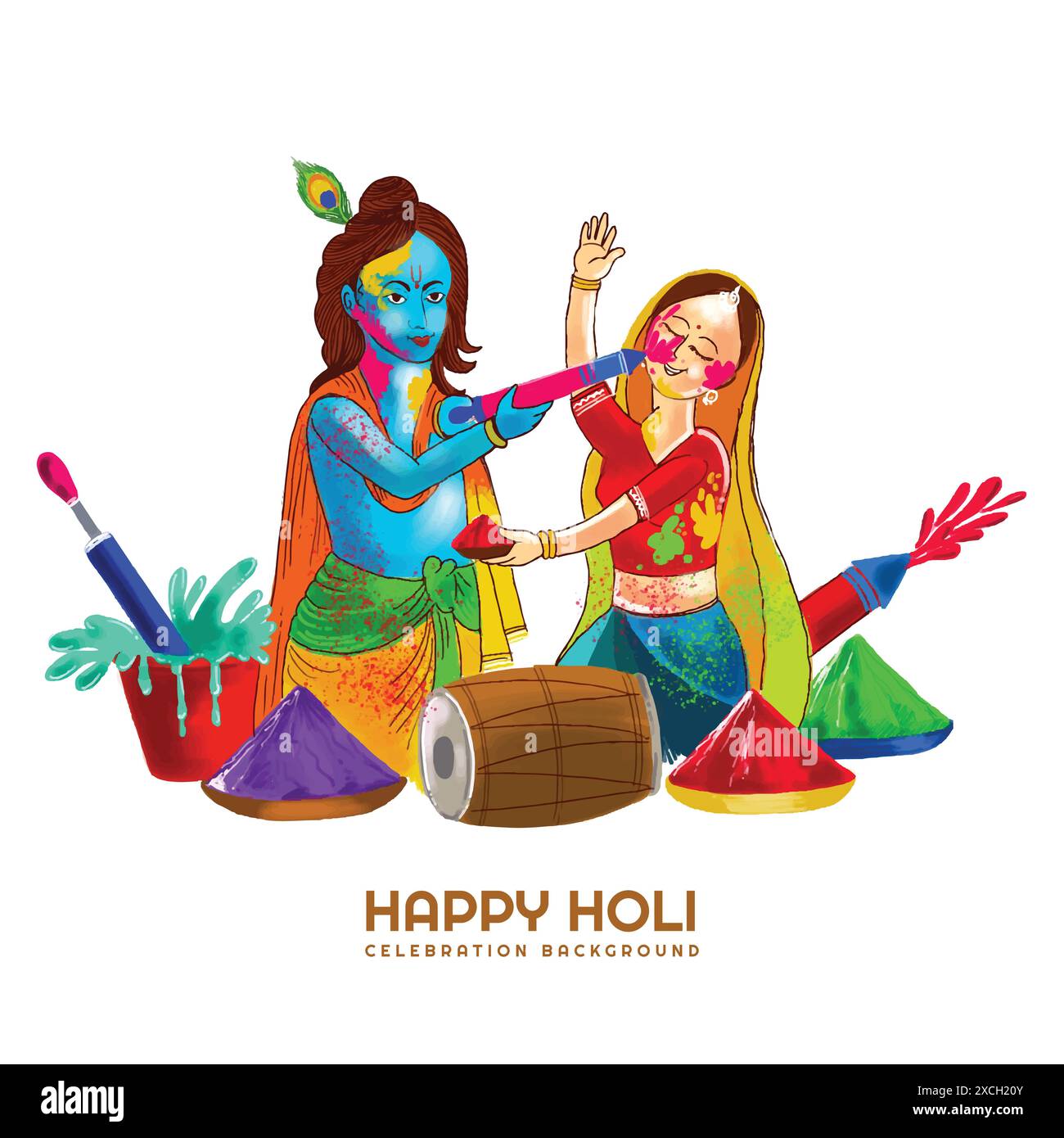 Holi greetings with joyful krishna and radha playing with colors design ...