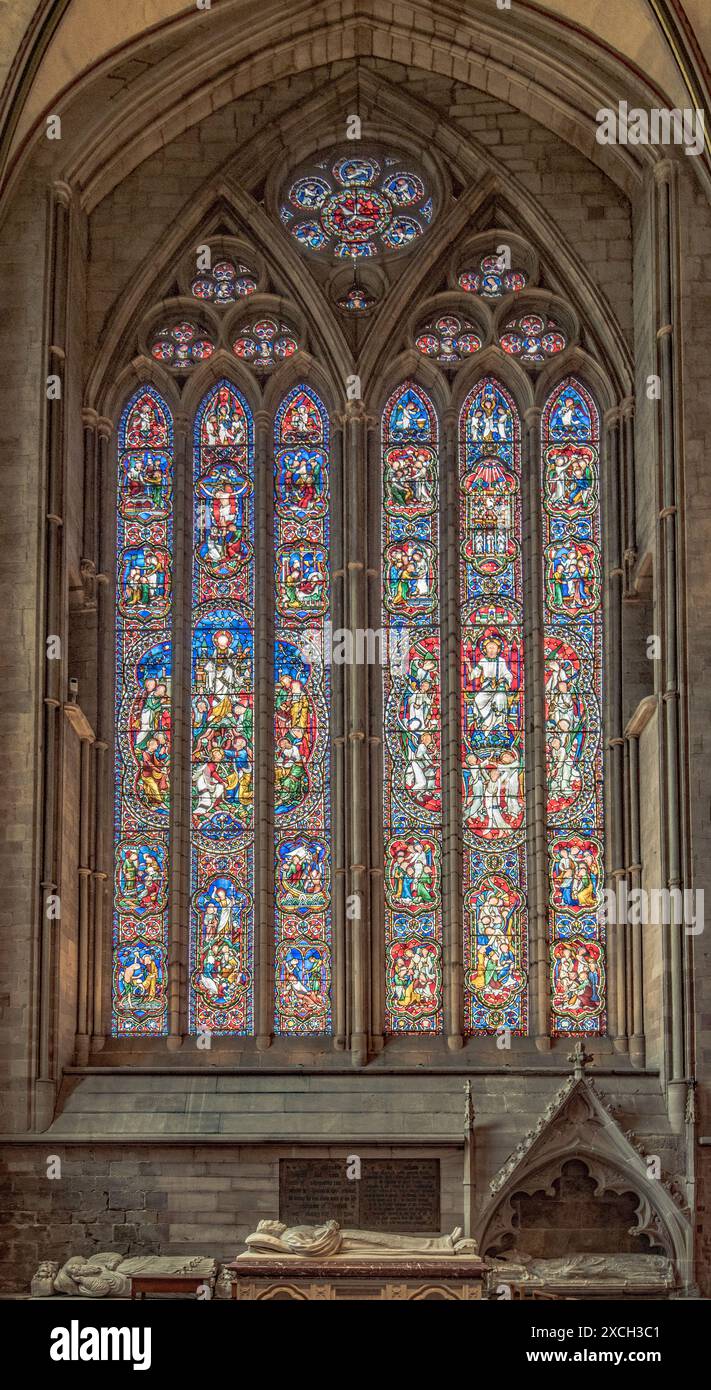 Stained glass window in north transept of Hereford cathedral Stock ...
