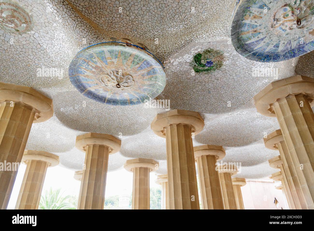 Awesome ceiling of hypostyle hall (Sala Hipostila) at the Park Guell in ...