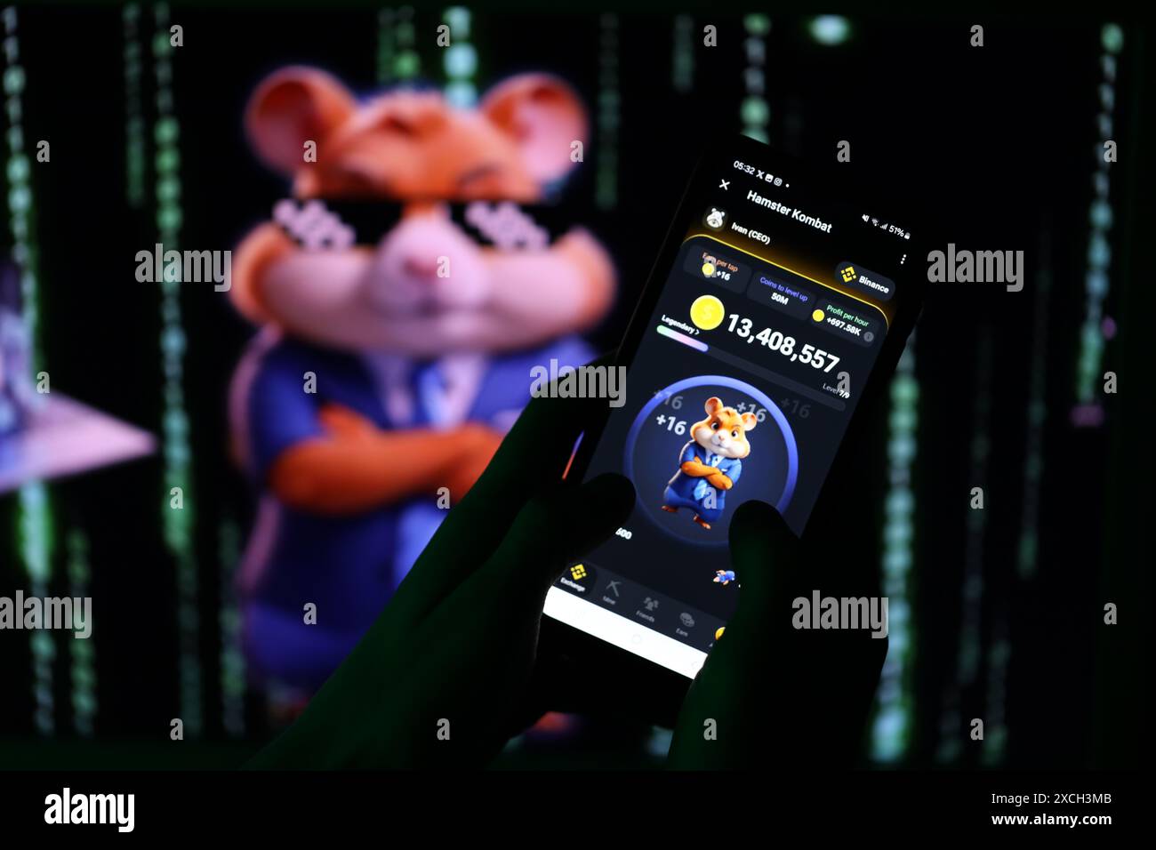 KYIV, UKRAINE - APRIL 20, 2024 Hamster Kombat telegram bot on smartphone screen. Hamster Kombat ...