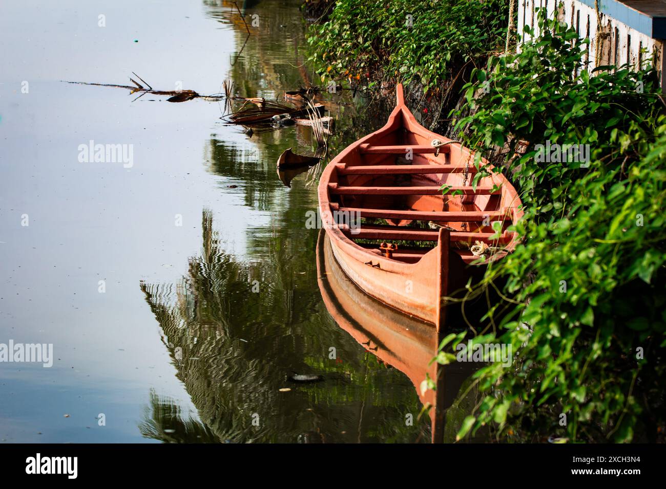 Canoe stationed along the kochi backwaters in the indian state of ...